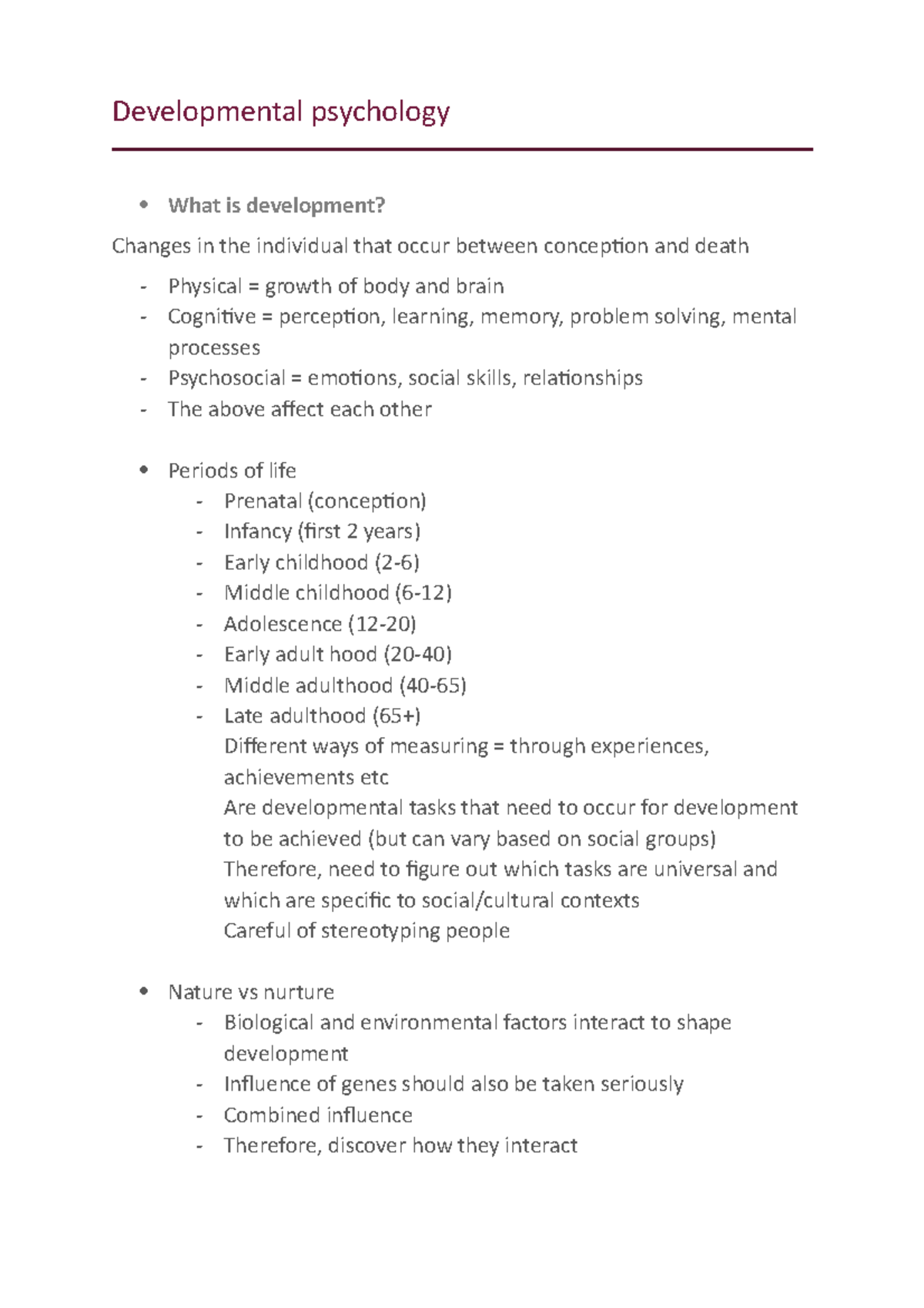 Developmental psychology notes - PSYC1009 - Wits University - Studocu