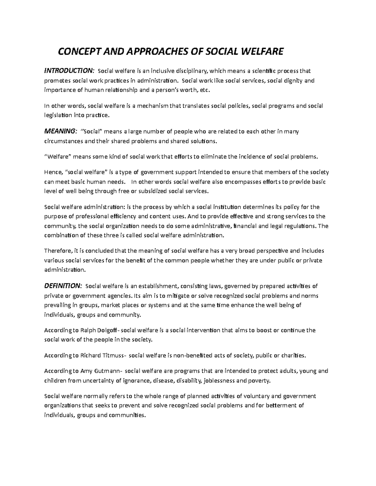 Concept AND Approaches OF Social Welfare - CONCEPT AND APPROACHES OF SOCIAL WELFARE INTRODUCTION ...