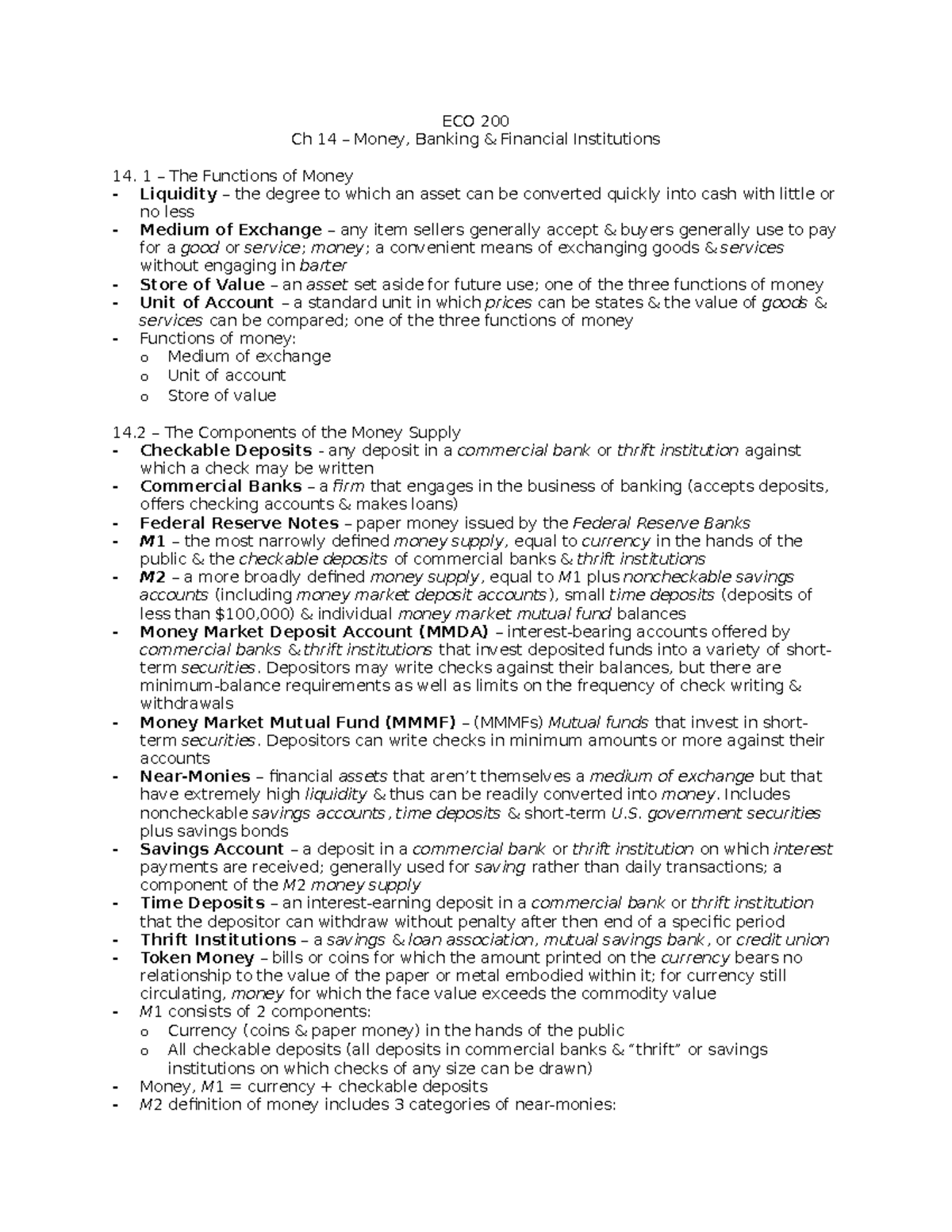 ECO Ch 14 notes - Summary Macroeconomics - ECO 200 Ch 14 – Money ... ECO Ch 14 notes - Summary Macroeconomics - ECO 200 Ch 14 – Money ...