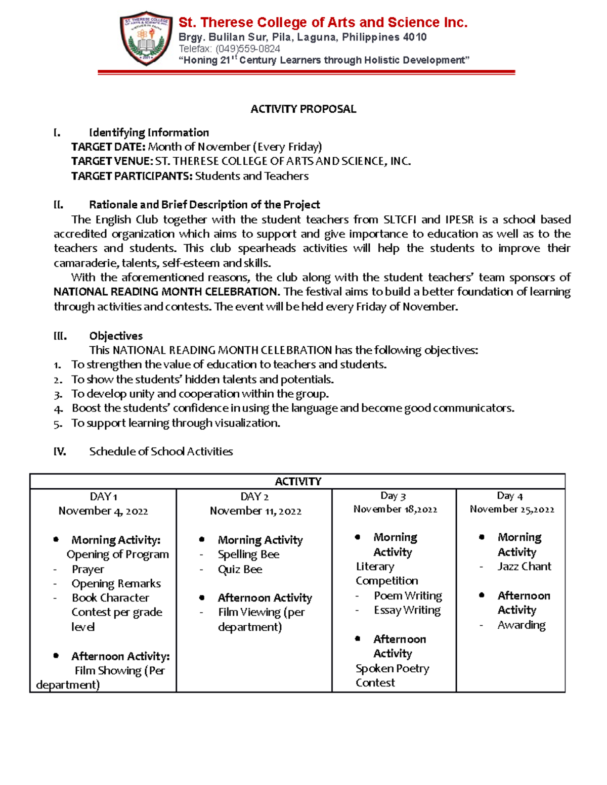 Activity Proposal - St. Therese College of Arts and Science Inc. Brgy ...