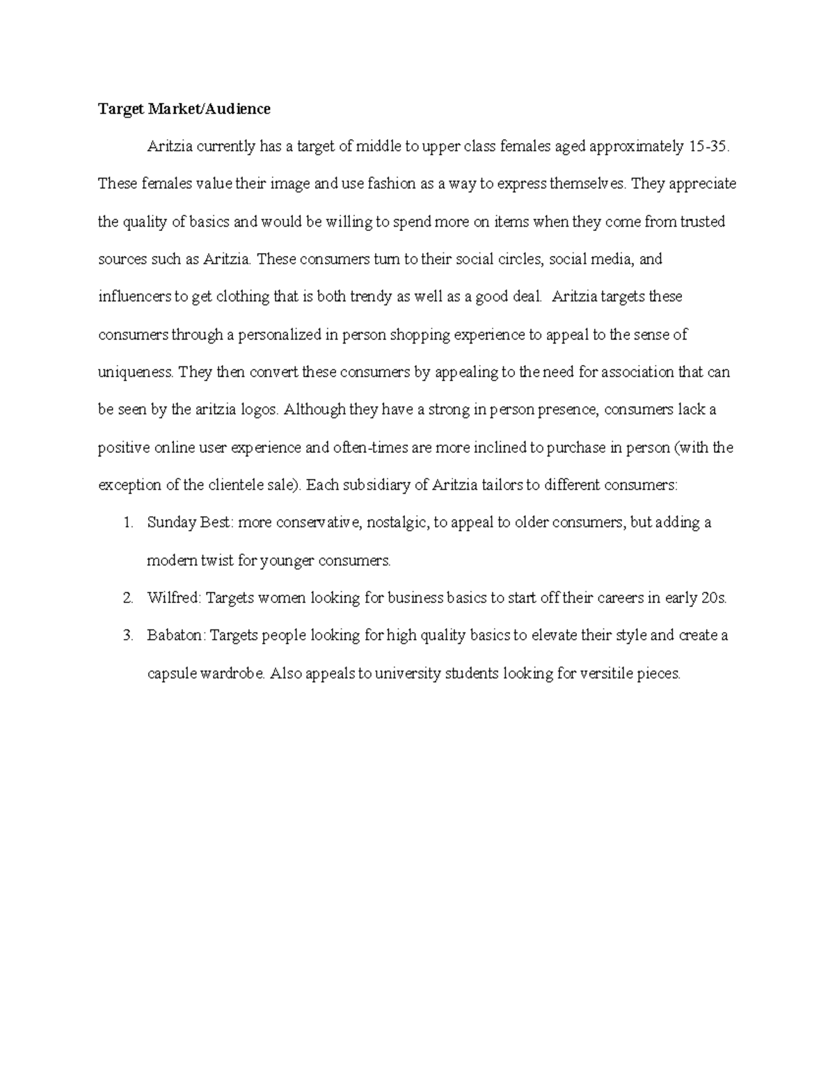 Consumer Analysis - group part 1 - Target Market/Audience Aritzia ...