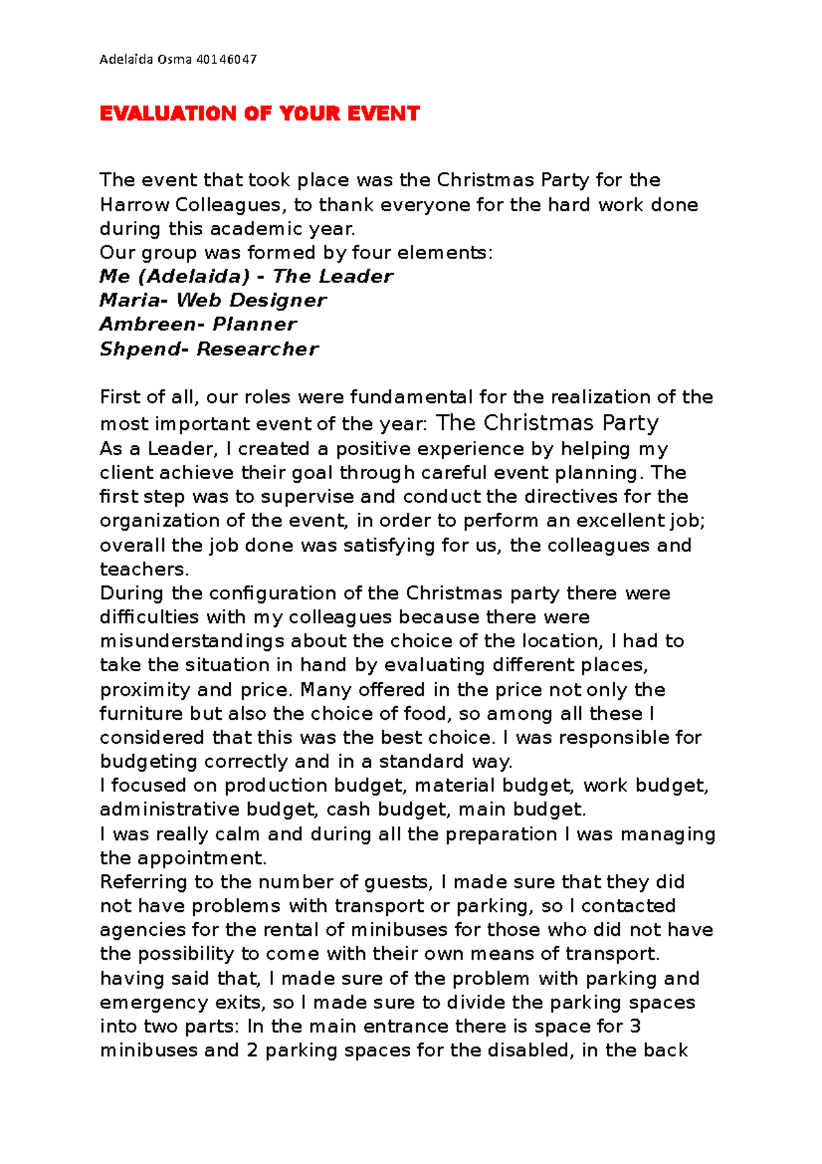 Template for your Written Evaluation - EVALUATION OF YOUR EVENT The ...