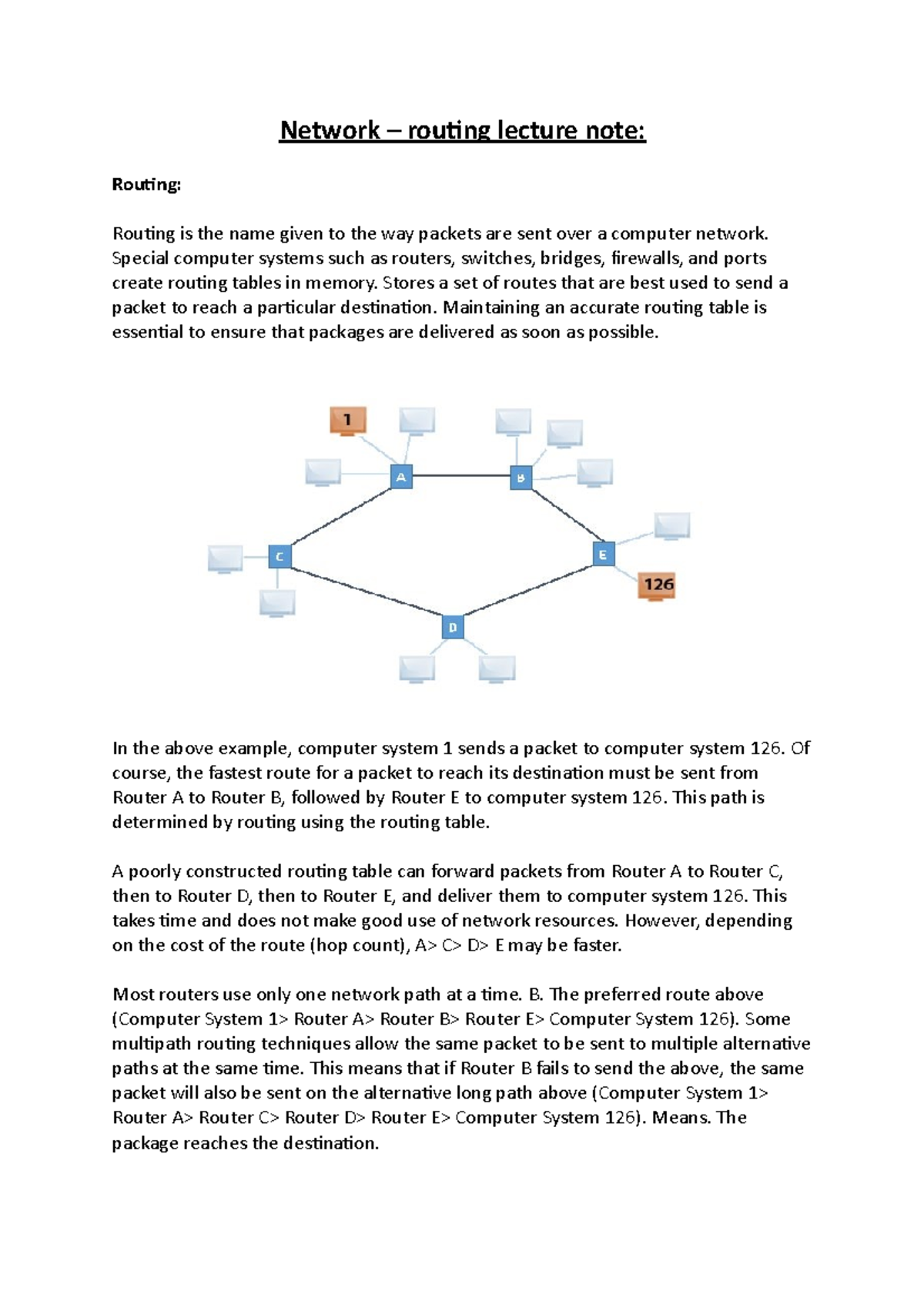 Network – routing lecture note - 126 Network – routing lecture note: Routing: Routing is the ...