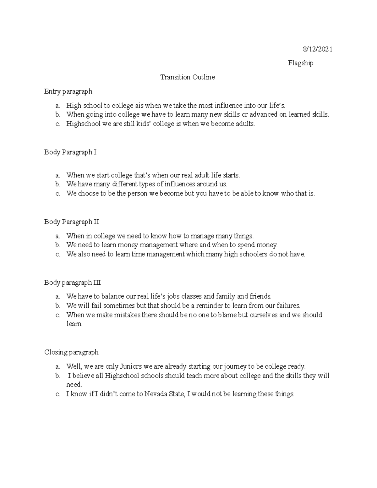 Transtion Outline - Lecture notes 1-2 - 8/12/ Flagship Transition ...