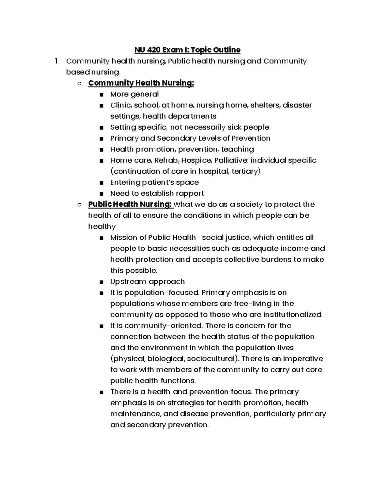 Nursing - Community Health Exam 1 - NU 420 Exam I: Topic Outline ...