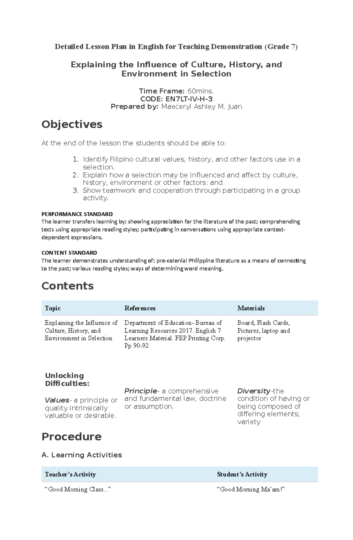 Final Lesson plan English - Detailed Lesson Plan in English for ...