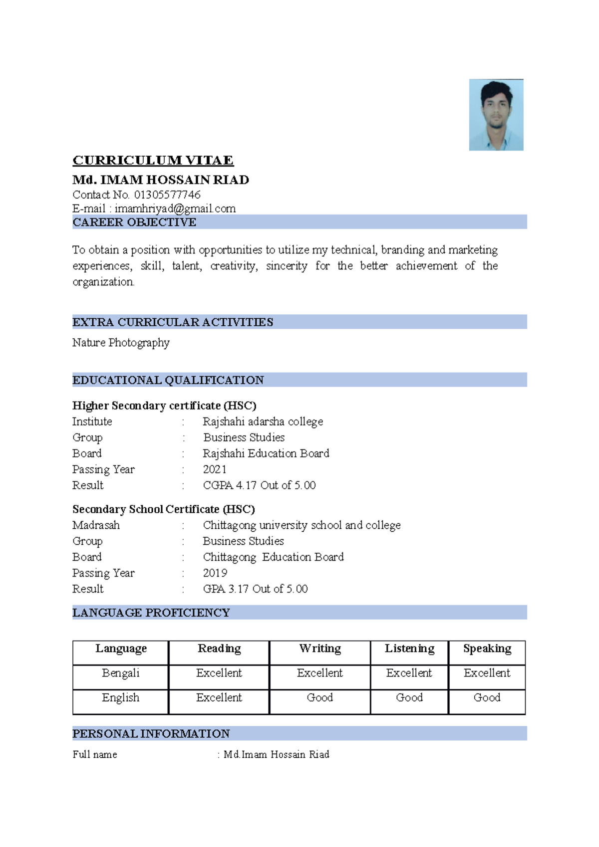 Cv - marketing - CURRICULUM VITAE Md. IMAM HOSSAIN RIAD Contact No. 01305577746 E-mail : - Studocu