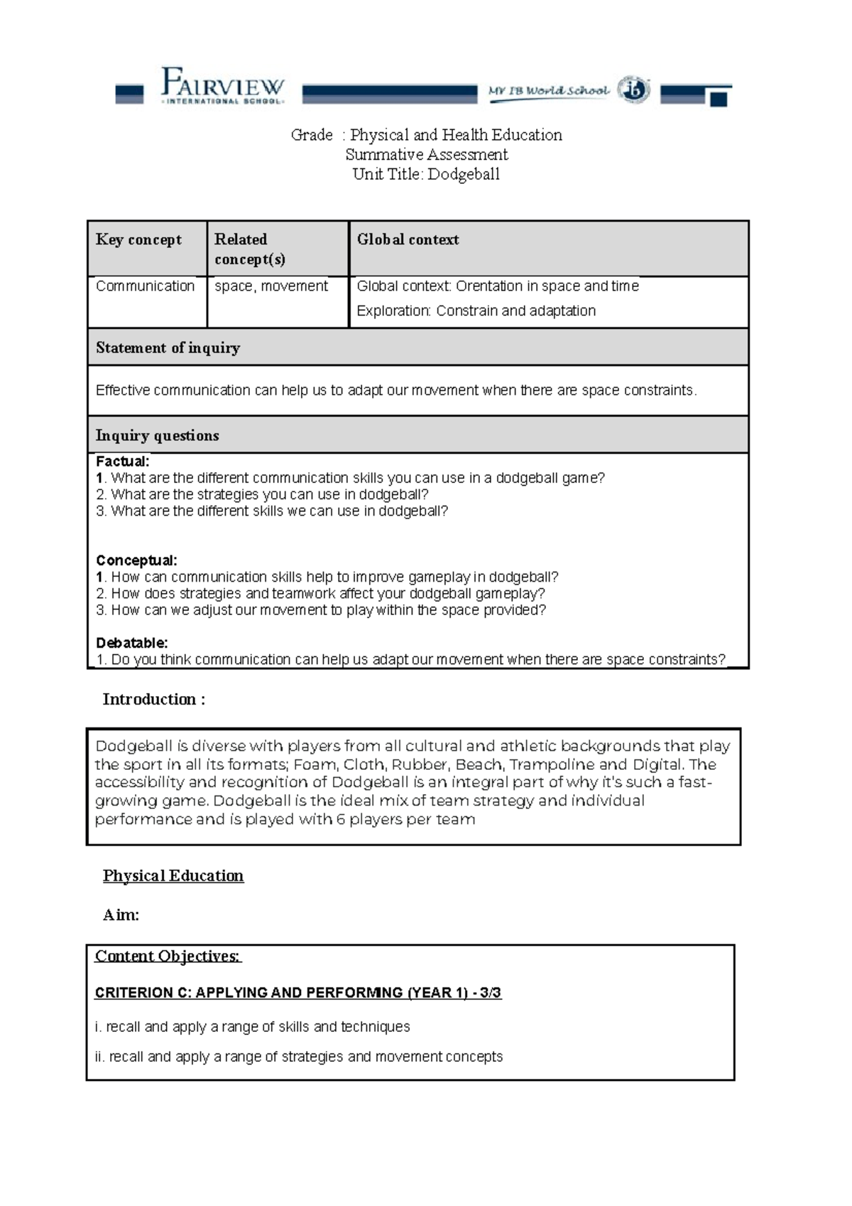 22 23 M1 Dodgeball SA tasksheet - Grade : Physical and Health Education ...