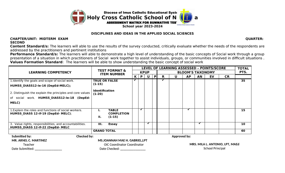 Diass Matrix Midterm - asasasa - Diocese of Imus Catholic Educational ...