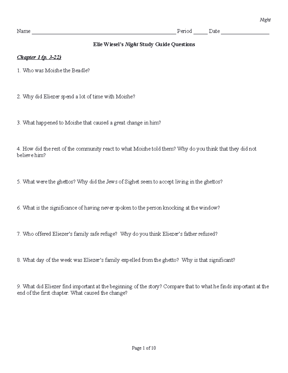 Study Guide Questions Night with place for discussion questions - Name ...