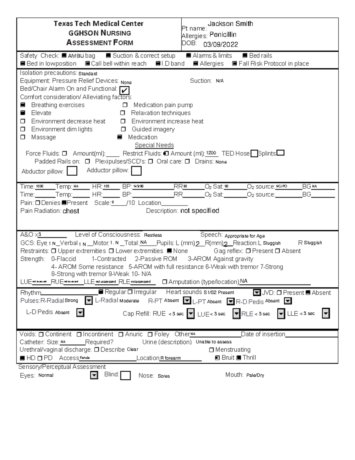 Cardio.genitourinary. skin assessment 2 Fillable - Voids: Continent ...