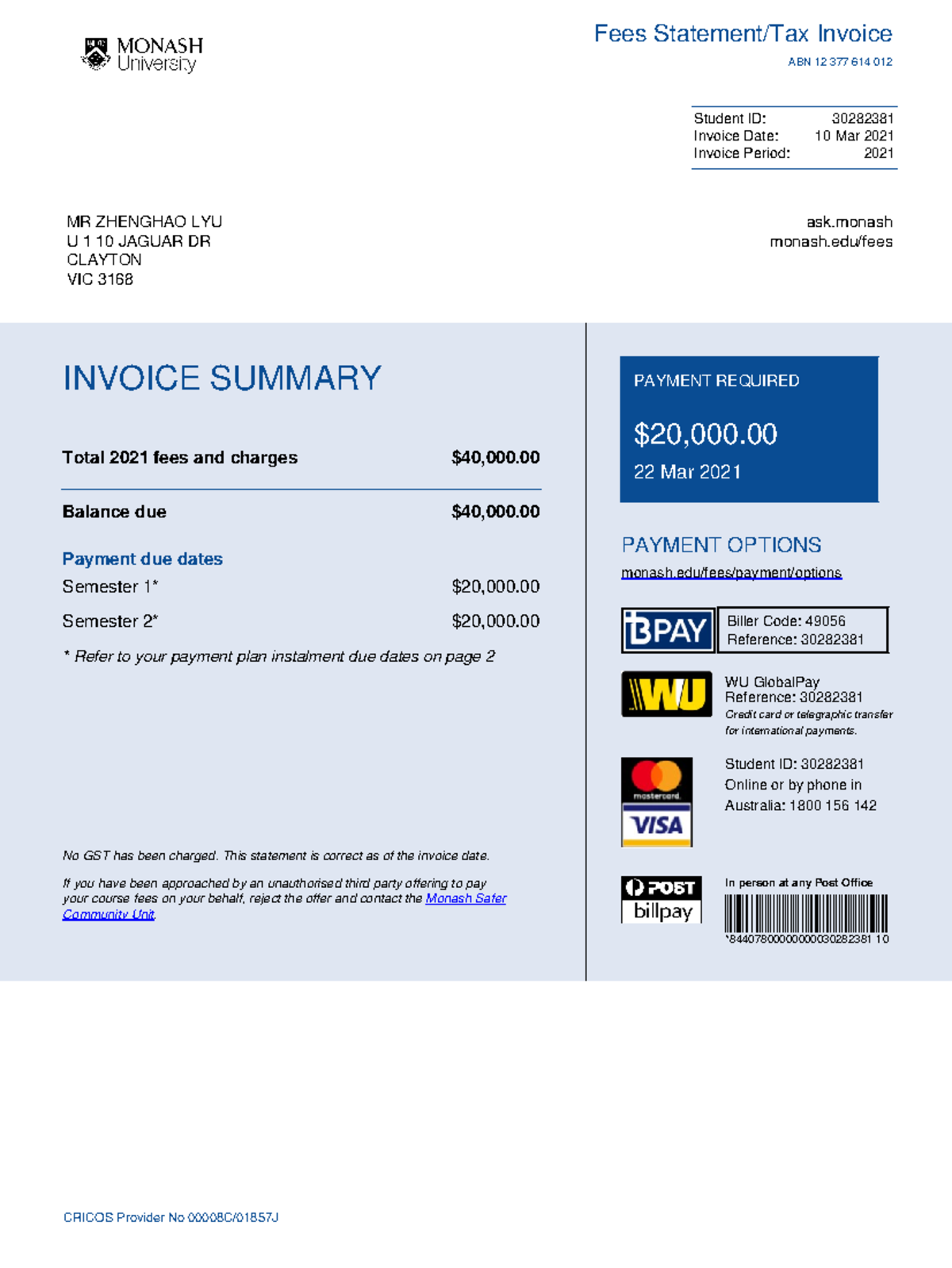 30282381 Fees 2021 - Lecture notes 1 - Fees Statement/Tax Invoice ABN ...