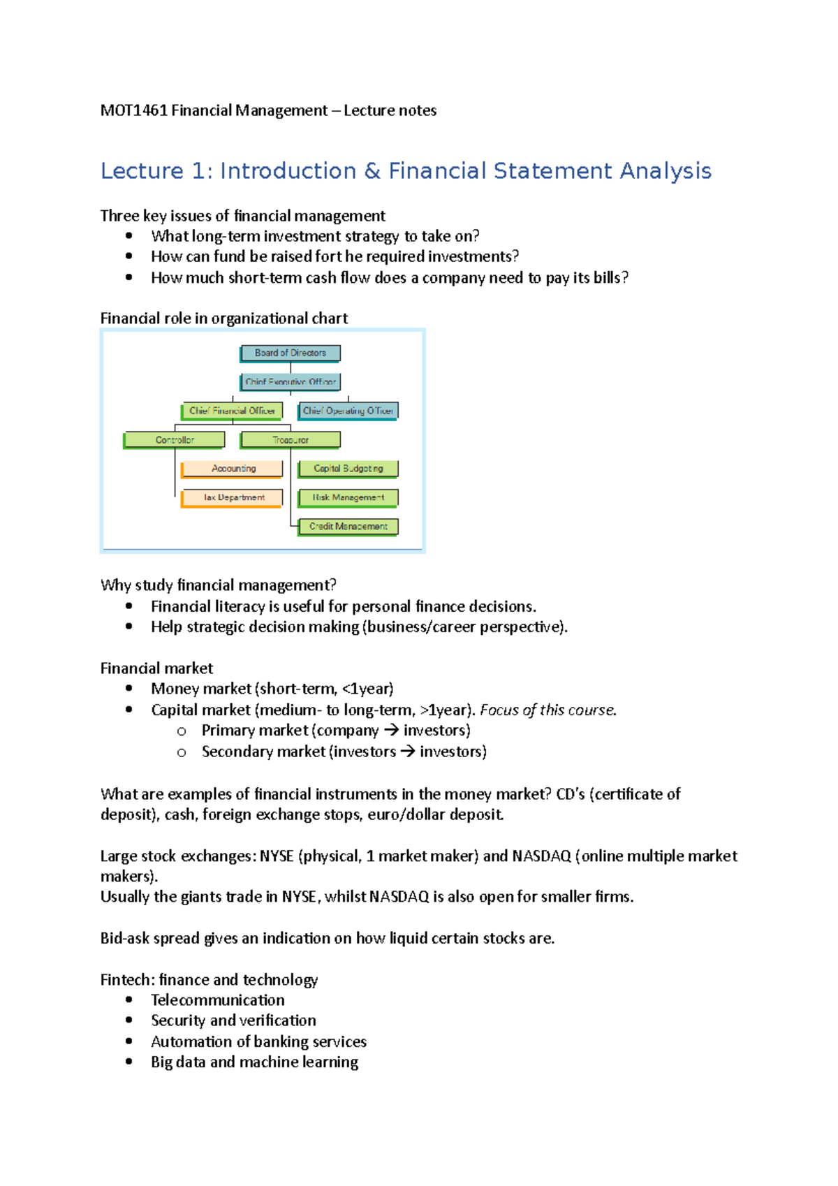 Lecture notes Financial Management - summary - MOT1461 Financial ...