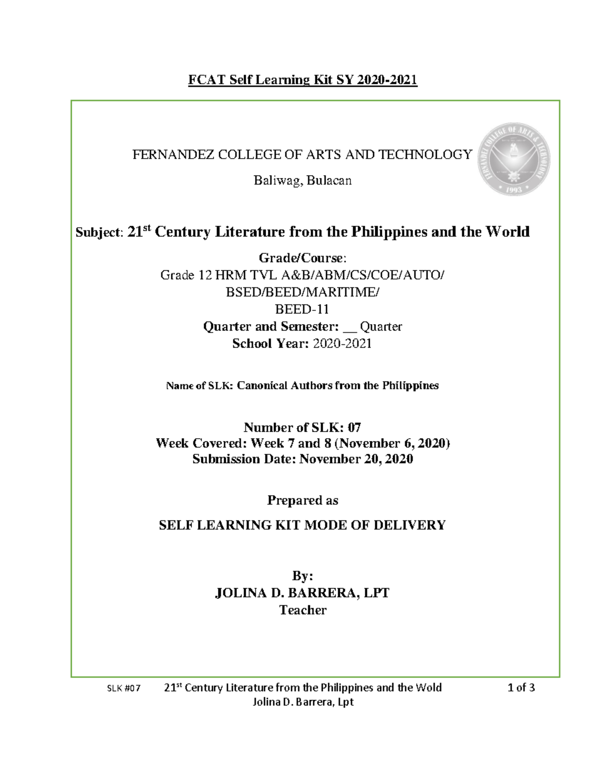 21ST SLK 7 and 8 - FCAT Self Learning Kit SY 2020- FERNANDEZ COLLEGE OF ...