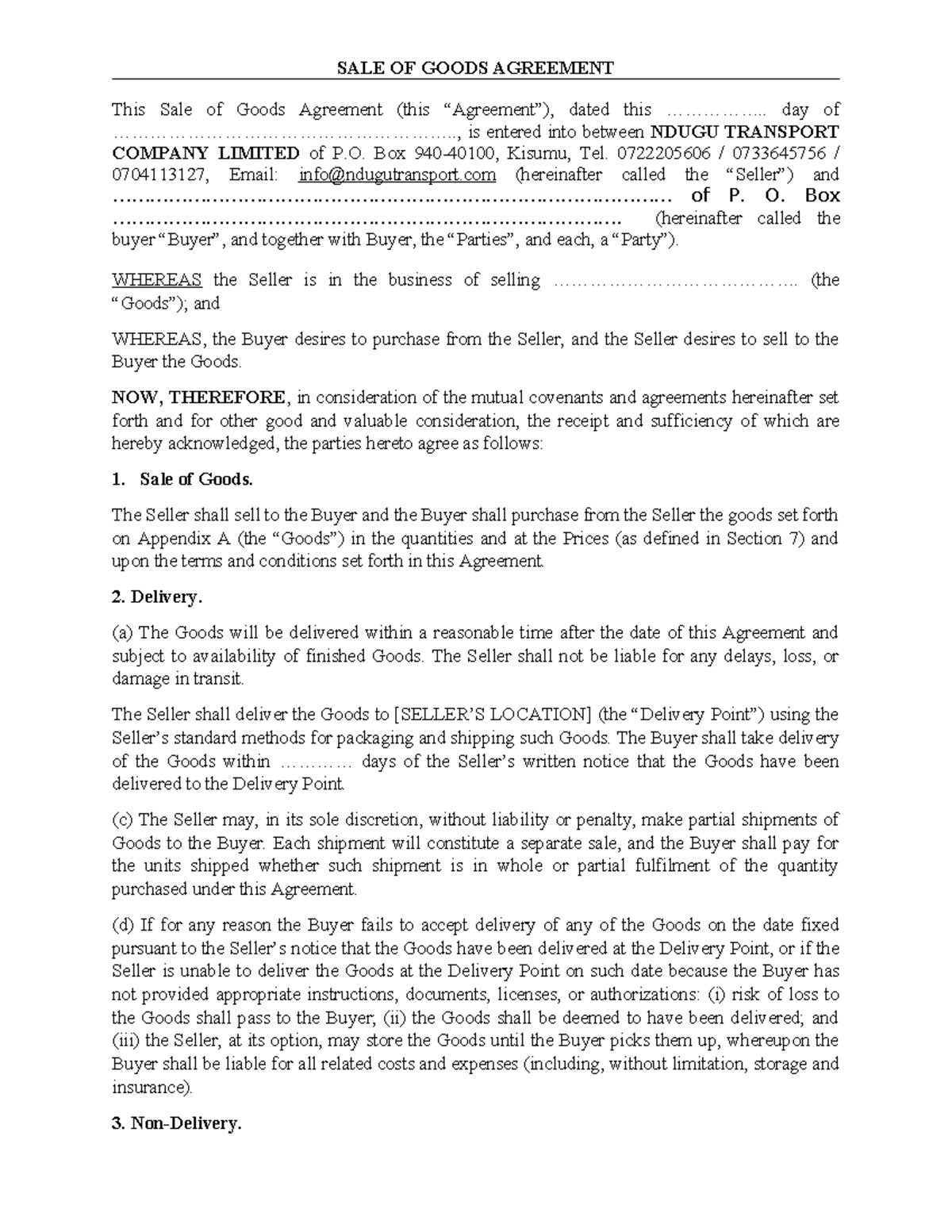 Ndugu Transport SALE OF Goods Agreement - SALE OF GOODS AGREEMENT This ...