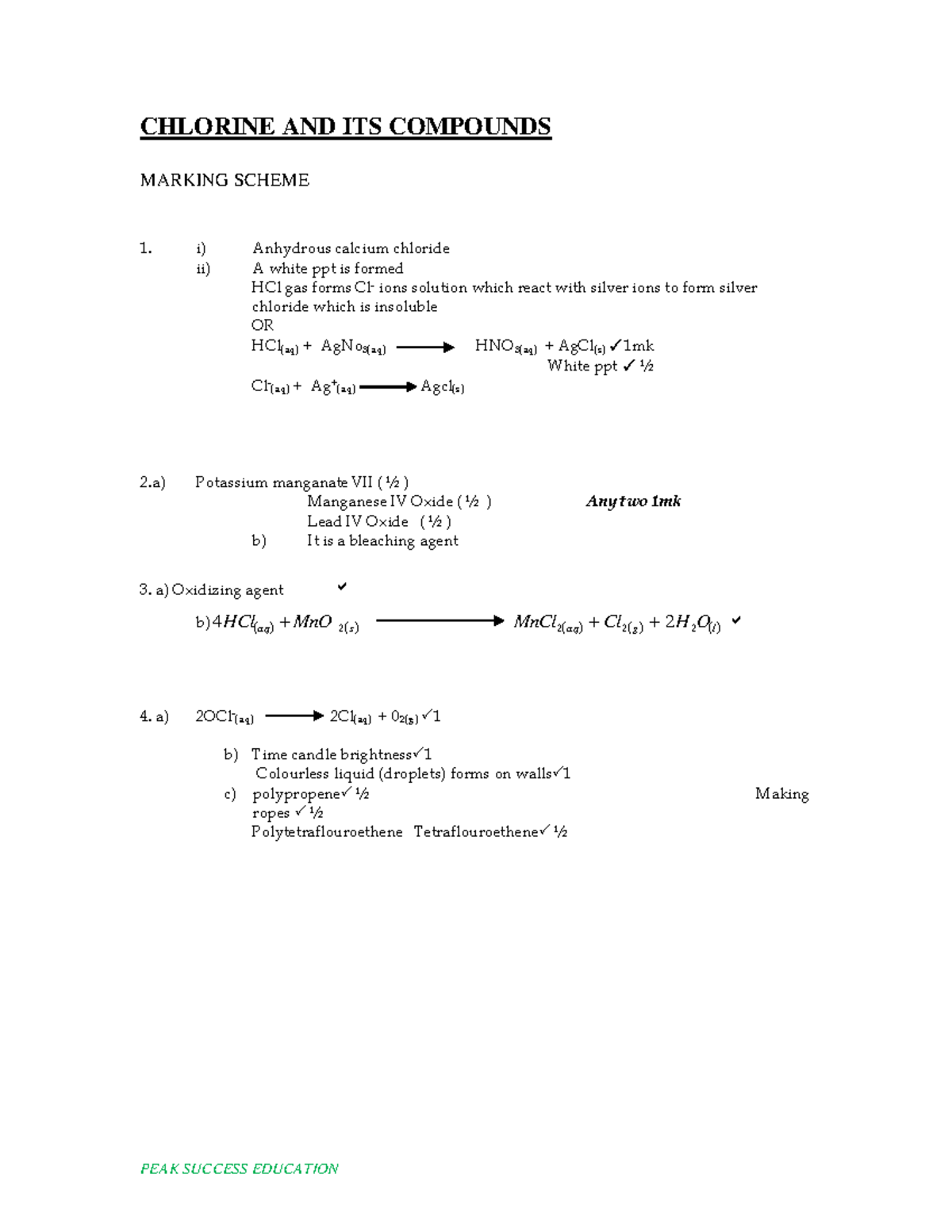 Chlorine and its compounds - PEAK SUCCESS EDUCATION CHLORINE AND ITS ...