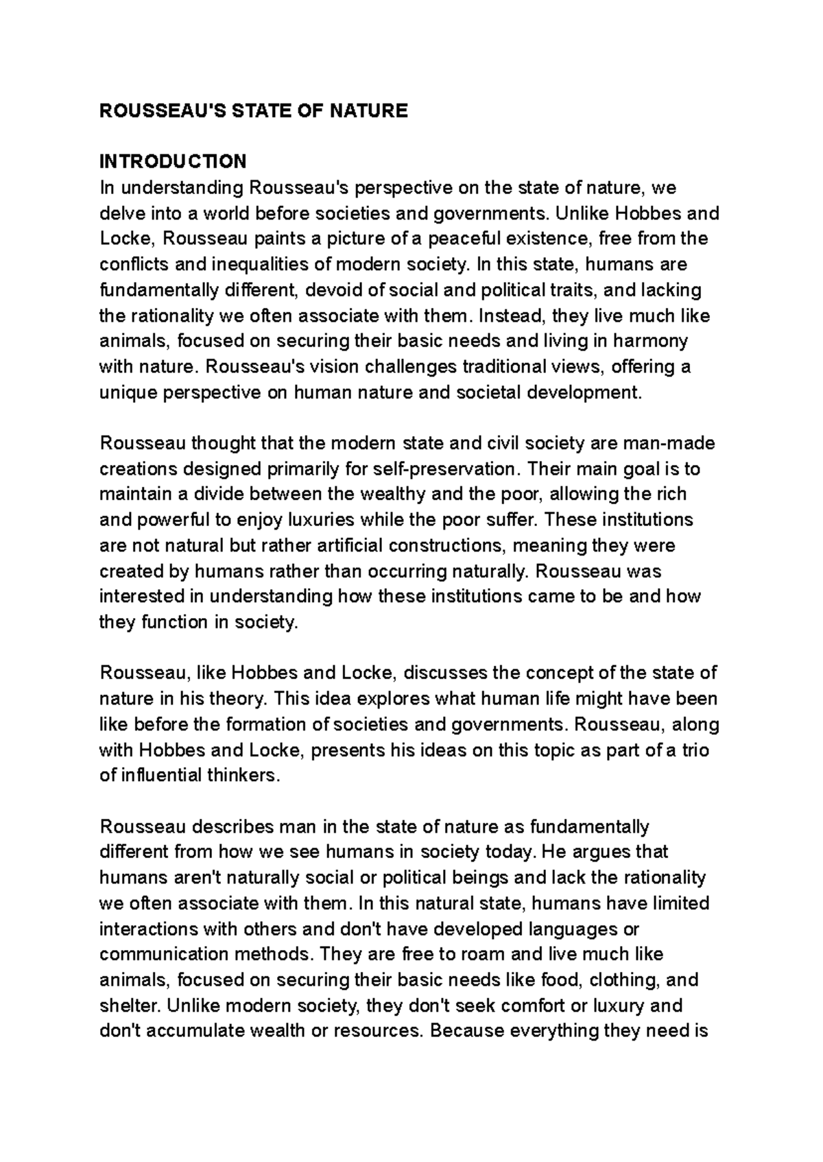 Rousseau'S State OF Nature - ROUSSEAU'S STATE OF NATURE INTRODUCTION In ...