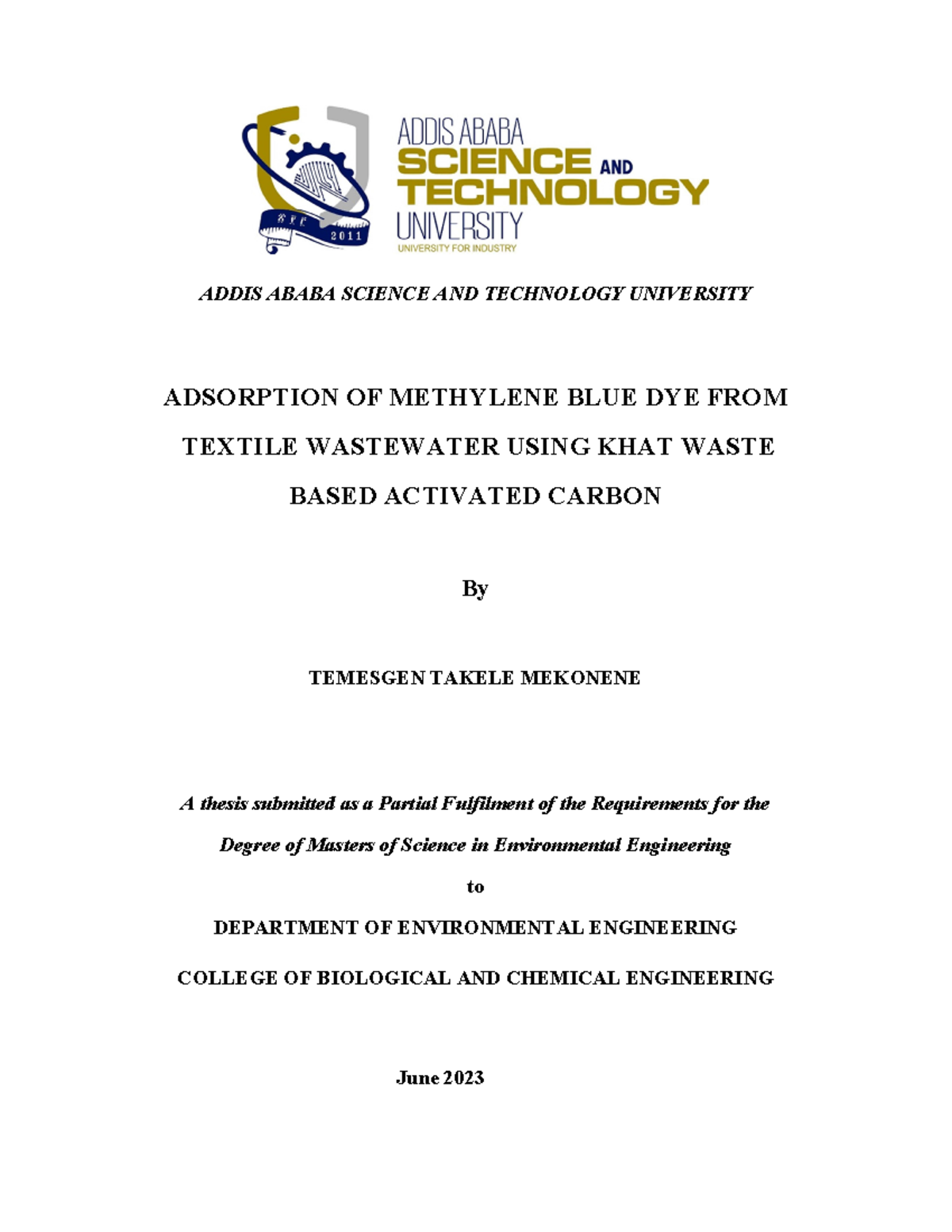 Jkjk - essential note - ADDIS ABABA SCIENCE AND TECHNOLOGY UNIVERSITY ADSORPTION OF METHYLENE ...
