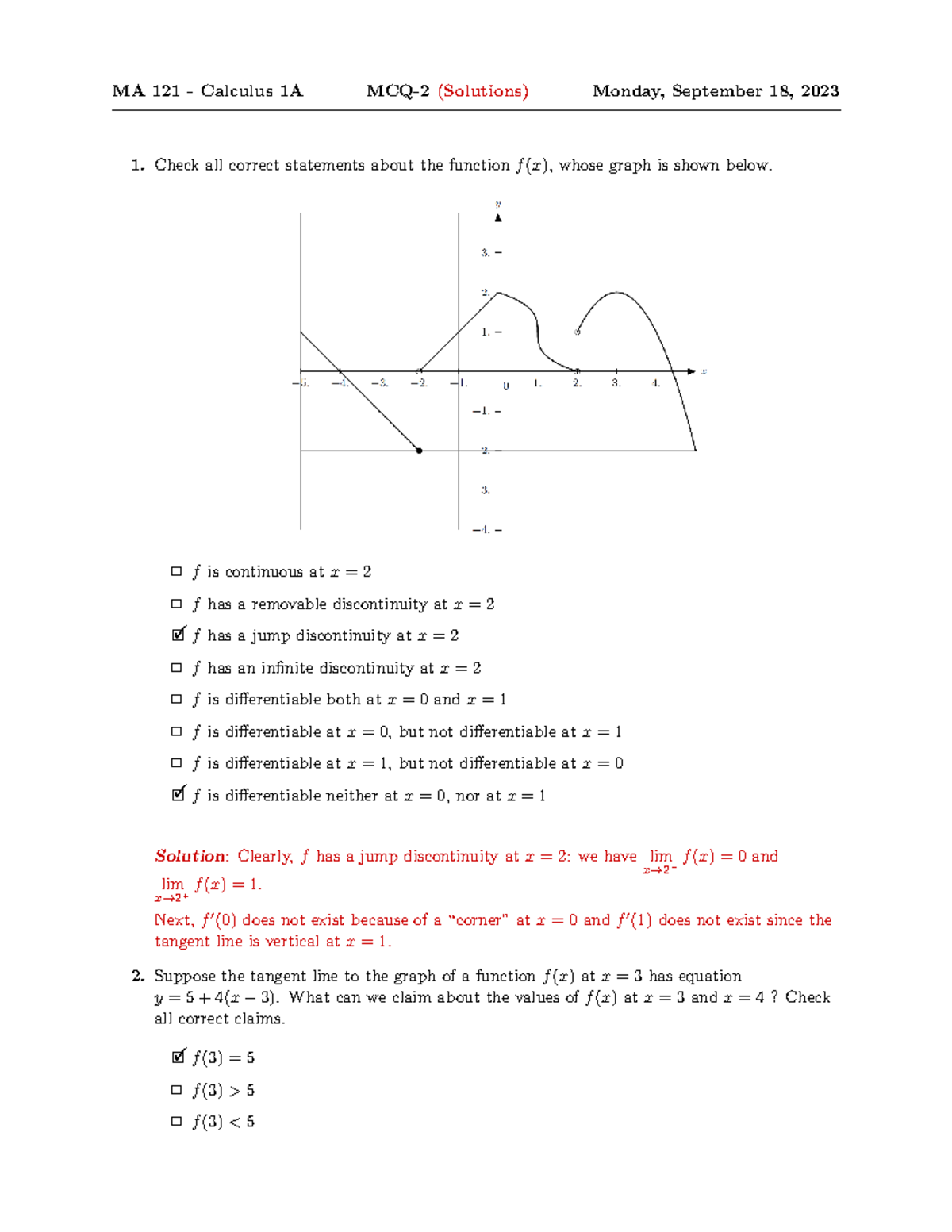 MCQ-2 sol - 2nd Multiple Choice Quiz Answers - MA 121 - Calculus 1A MCQ ...