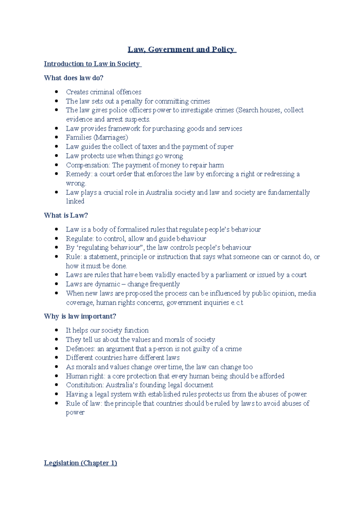 Week 1 Chapter Notes - Law, Government and Policy Introduction to Law ...