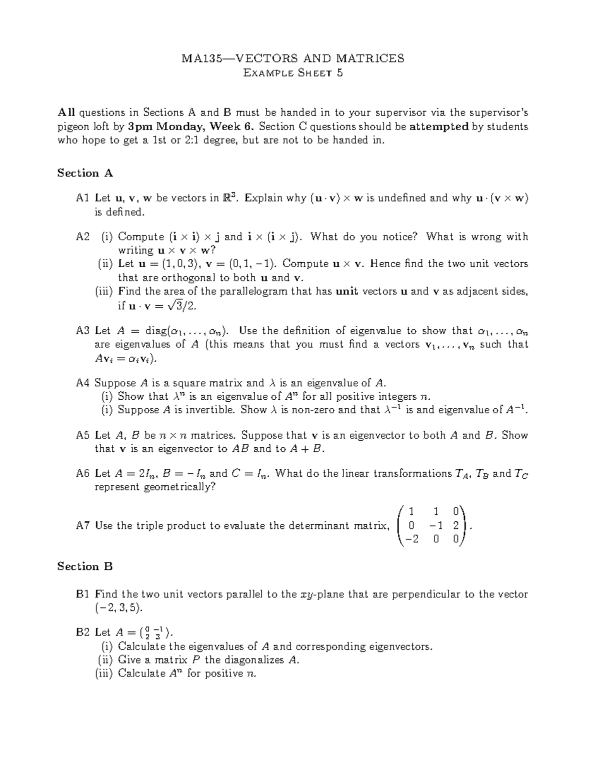 Assign 5 - text - MA135—VECTORS AND MATRICES Example Sheet 5 All ...