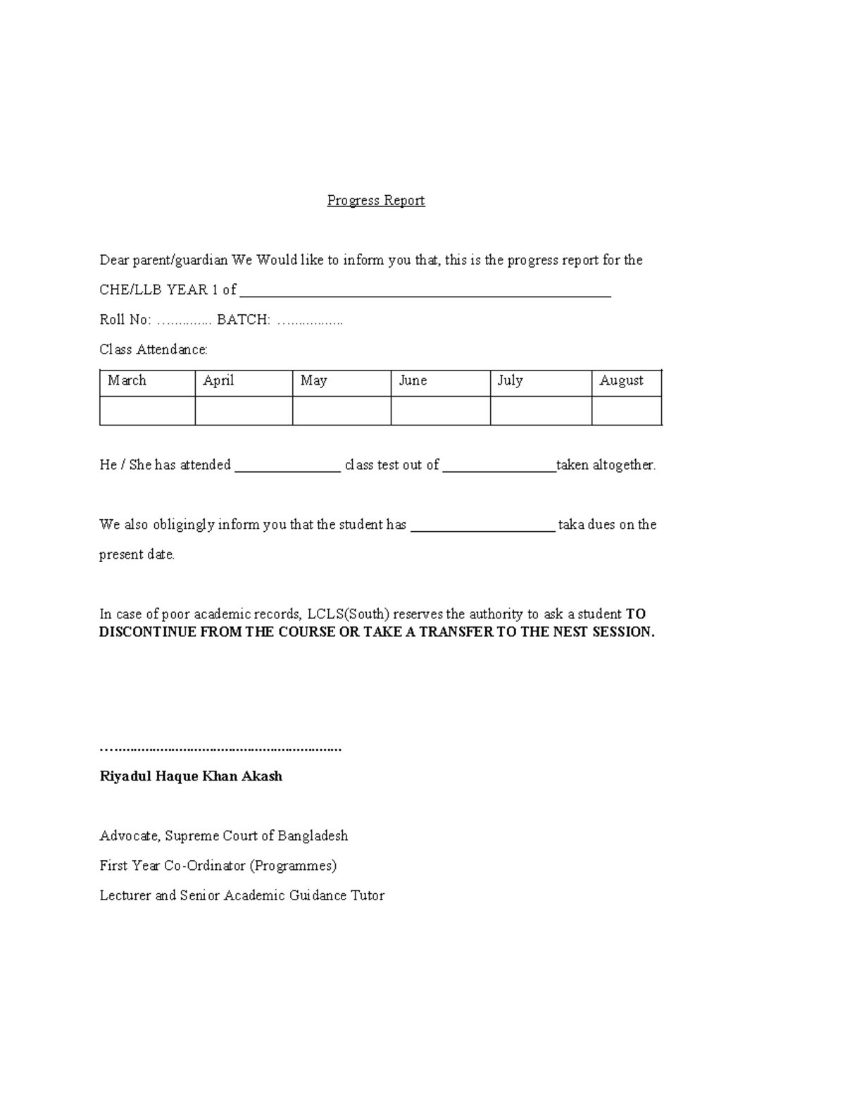 Progress Report - hola - Progress Report Dear parent/guardian We Would ...