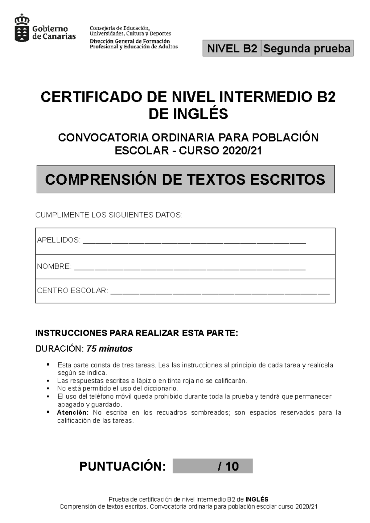 B2 Reading and Comprehension - NIVEL B2 Segunda prueba CERTIFICADO DE NIVEL INTERMEDIO B DE ...