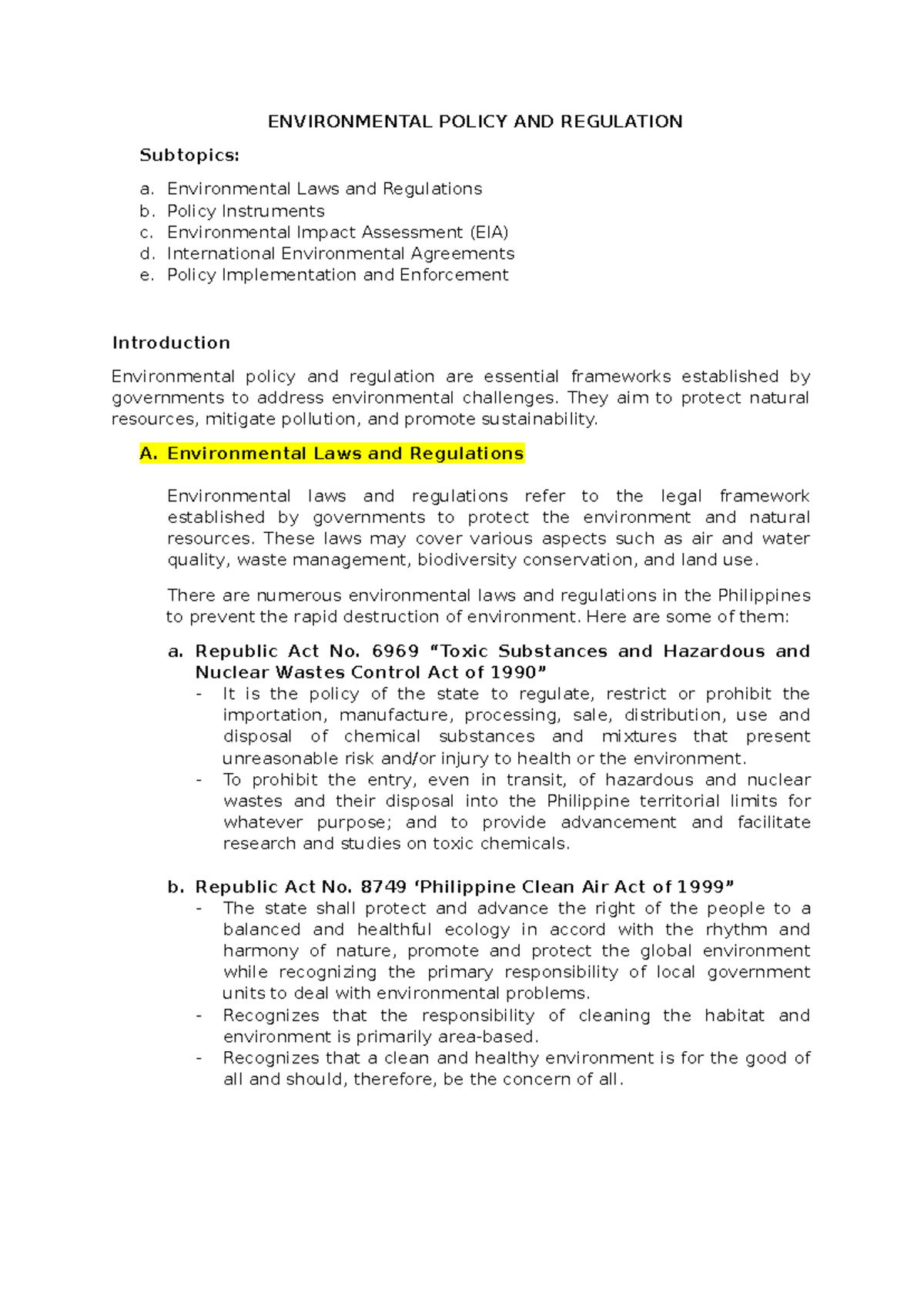 Topic 7 Environmental Policy and Regulation - ENVIRONMENTAL POLICY AND ...