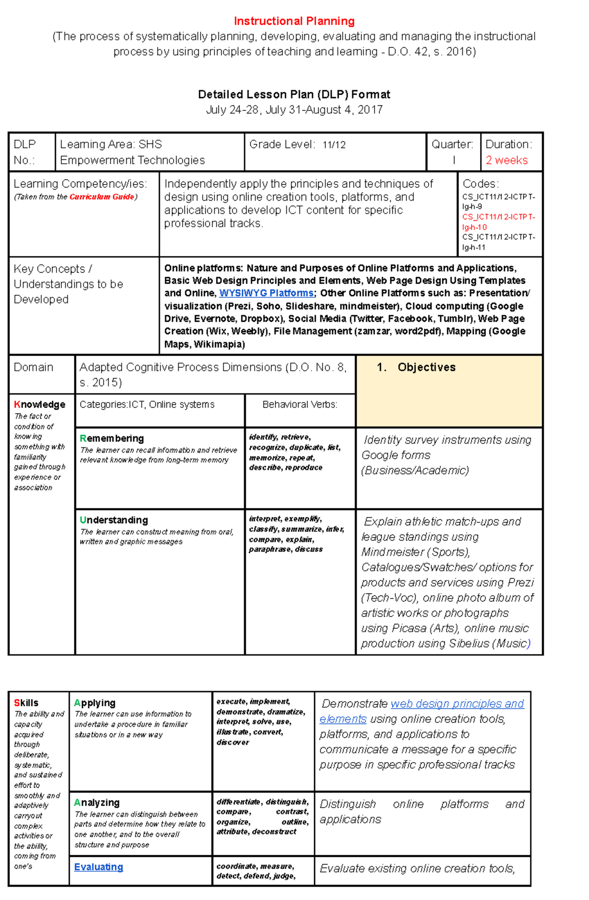 DLP Weeks 7 and 8 - DLL - Instructional Planning (The process of ...