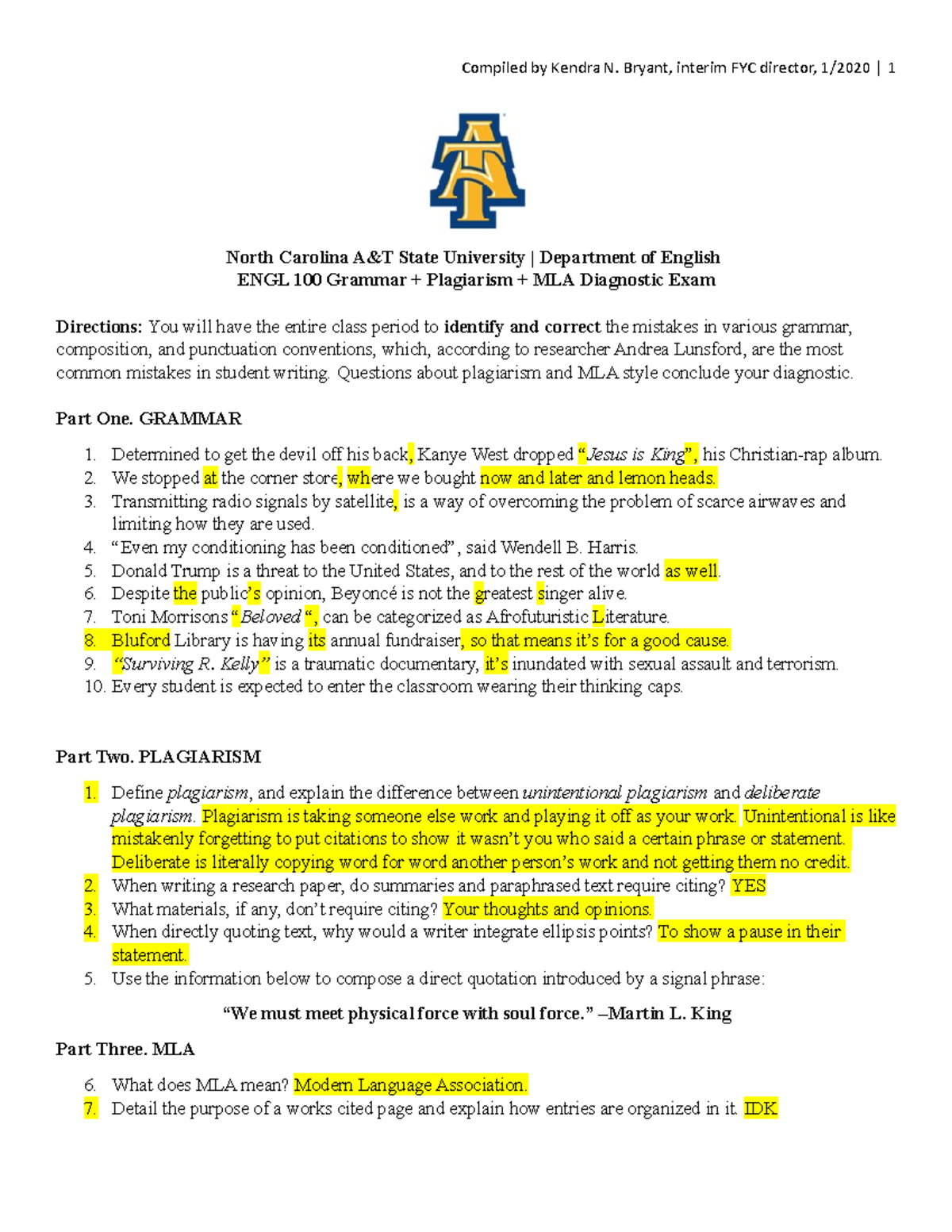 NCAT ENGL 100 Grammar + Plagiarism + MLA Diagnostic 2020 - Compiled by ...