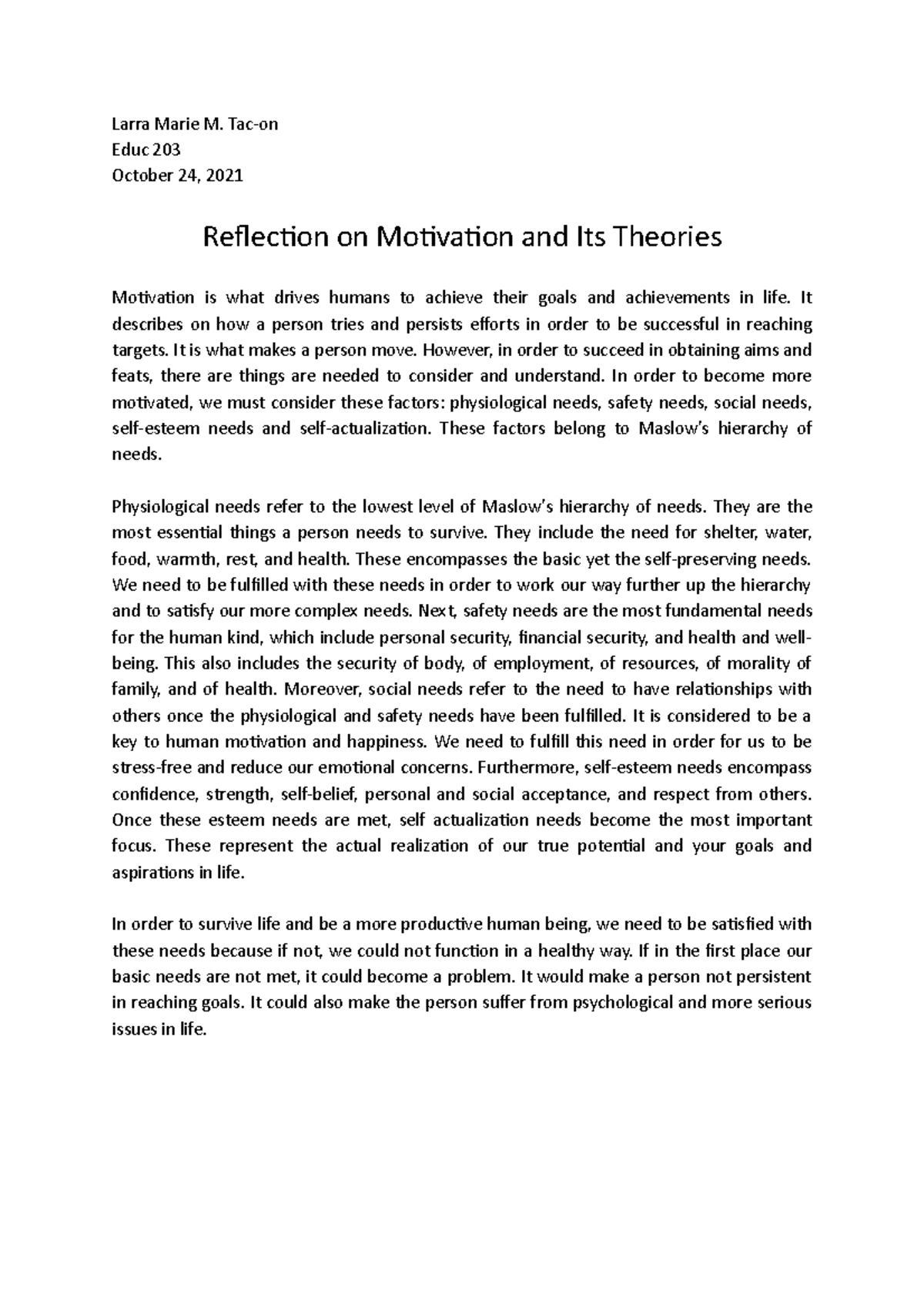 Larra Marie Tac on EDUC203 Reflection on Motivation and its Theories ...