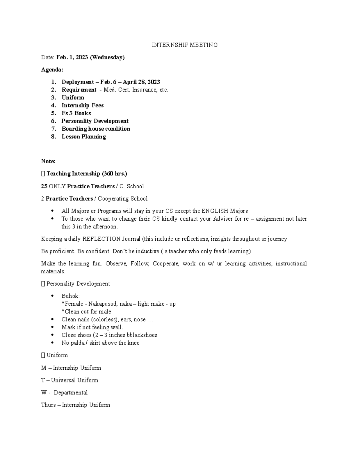 Internship Files - INTERNSHIP MEETING Date: Feb. 1, 2023 (Wednesday) Agenda: Deployment – Feb. 6 ...