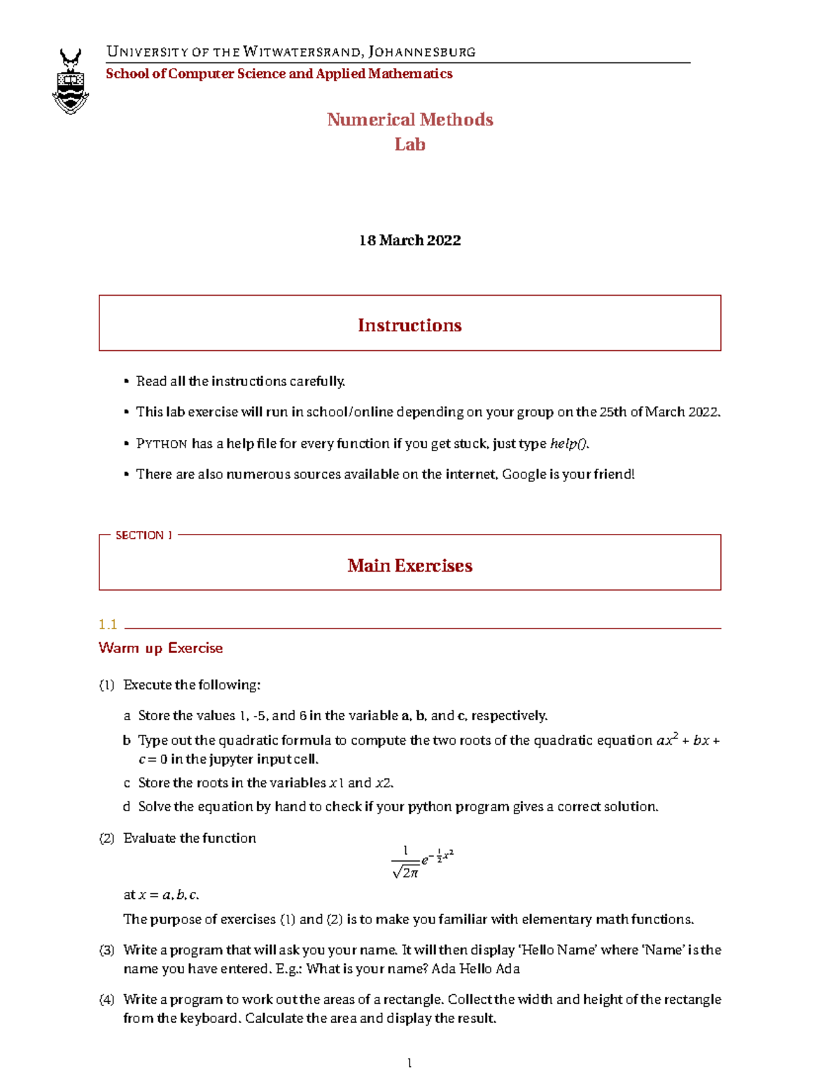 Lab Lecture One Lab Lecture One Lab Lecture One University Of Thewitwatersrand Johannesburg