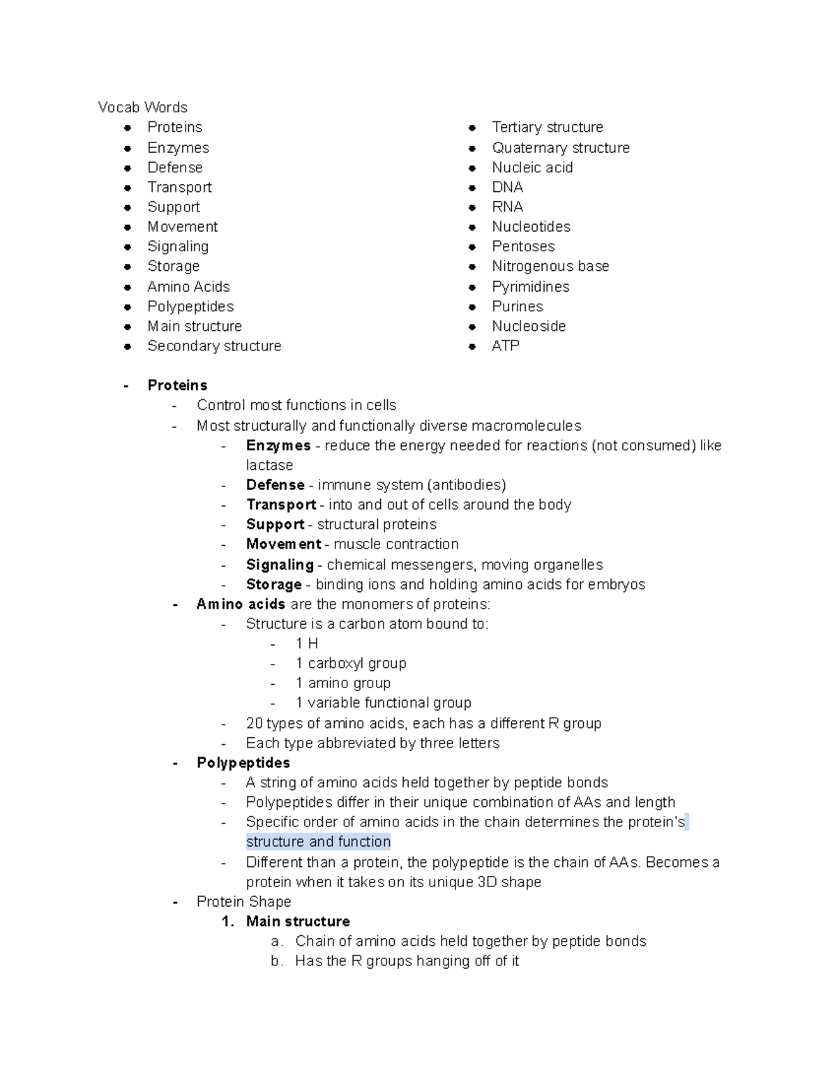 BIO Chapter 3 Notes - Vocab Words Proteins Enzymes Defense Transport ...