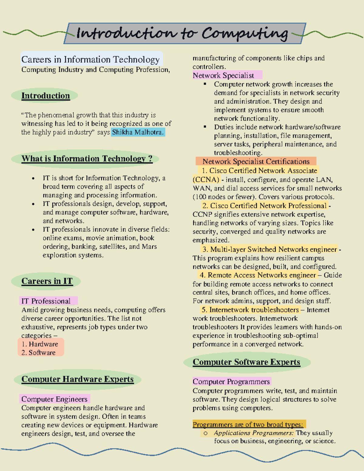 Introduction to Computing - Careers in Information Technology ...