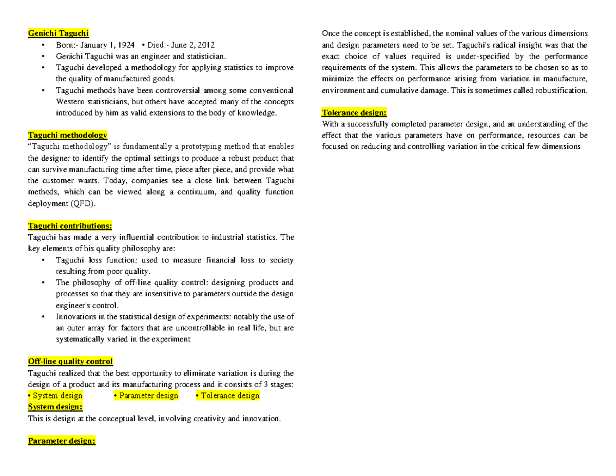 Genichi Taguchi Quality Control - Genichi Taguchi - Born:- January 1 ...