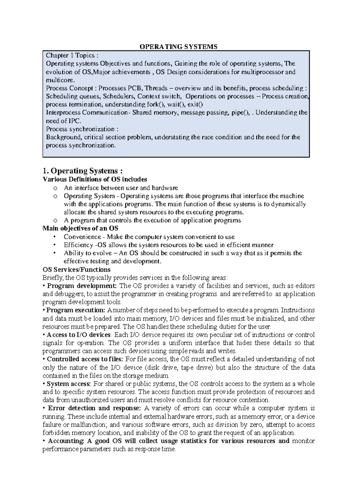 Os unit 1 - Unit 1 - OPERATING SYSTEMS Chapter 1 Topics : Operating systems Objectives and - Studocu