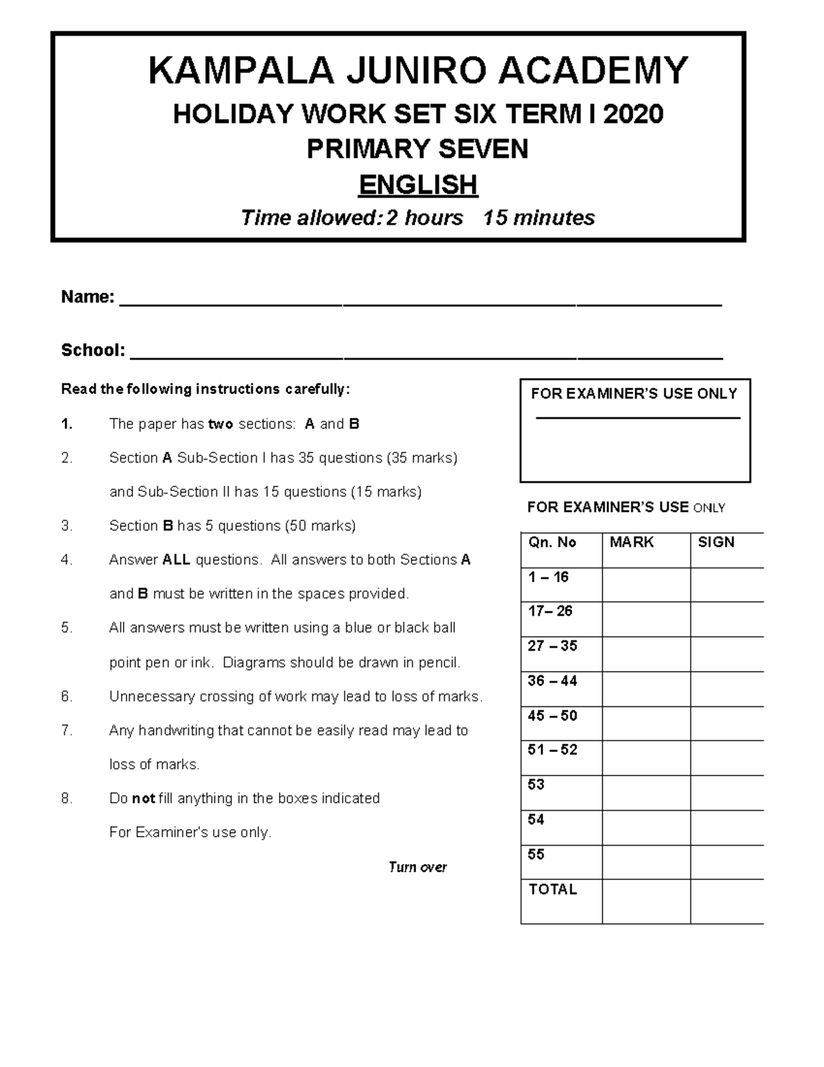 Read you have to do - KAMPALA JUNIRO ACADEMY HOLIDAY WORK SET SIX TERM ...