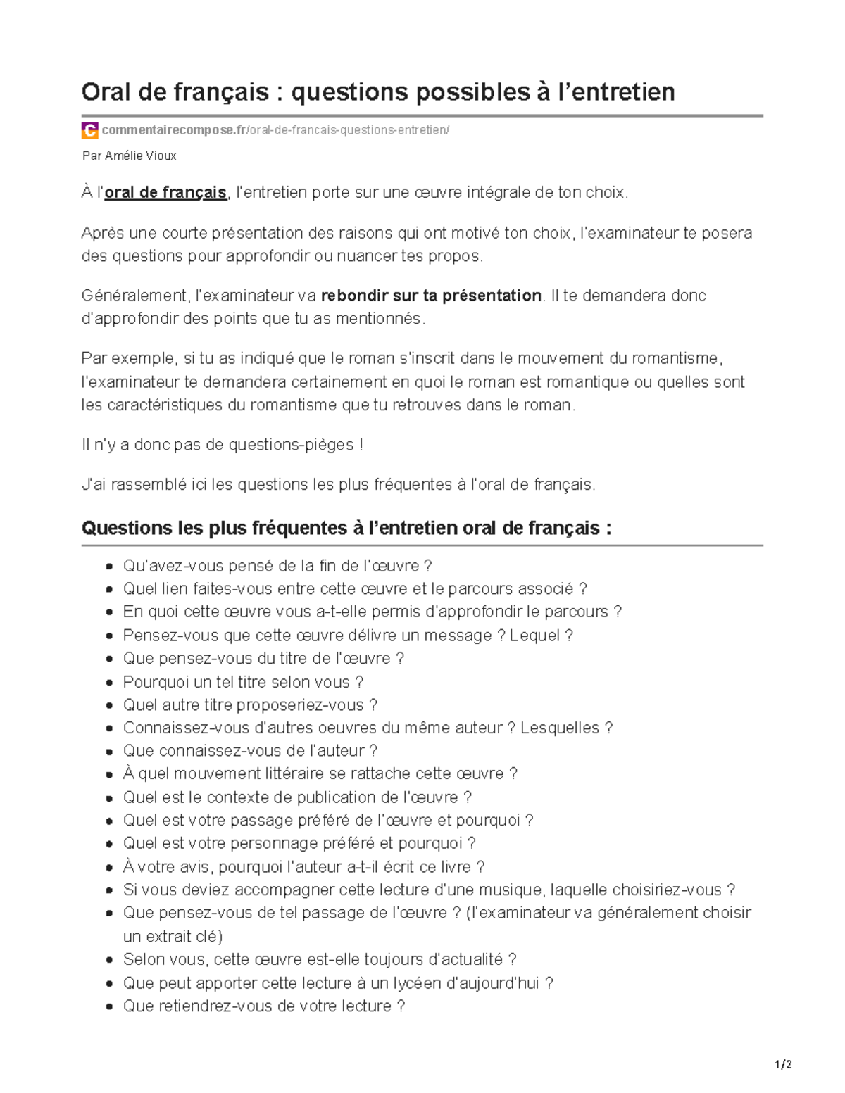 Commentairecompose.fr-Oral de français questions possibles à lentretien ...