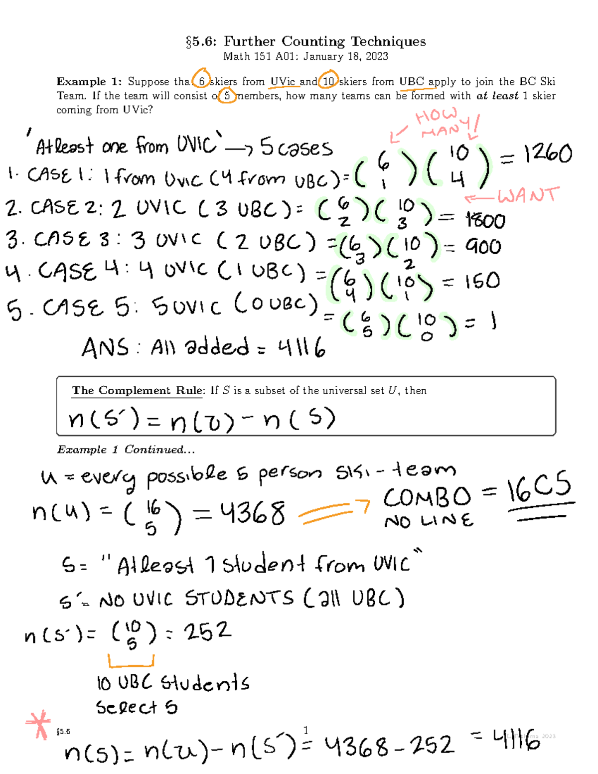 Section 5 - in class notes - §5: Further Counting Techniques Math 151 ...