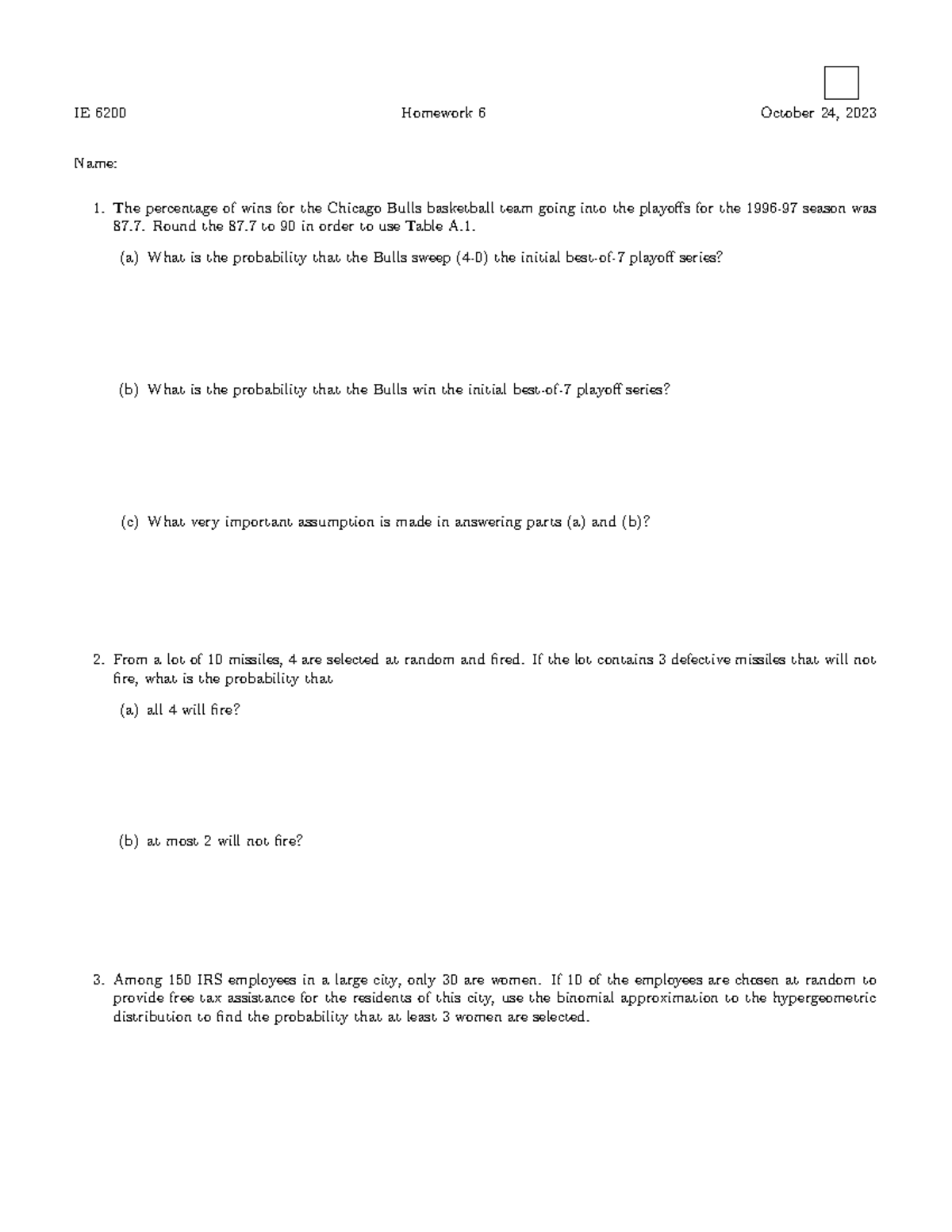Homework 6 - Nil - IE 6200 Homework 6 October 24, 2023 Name: The ...