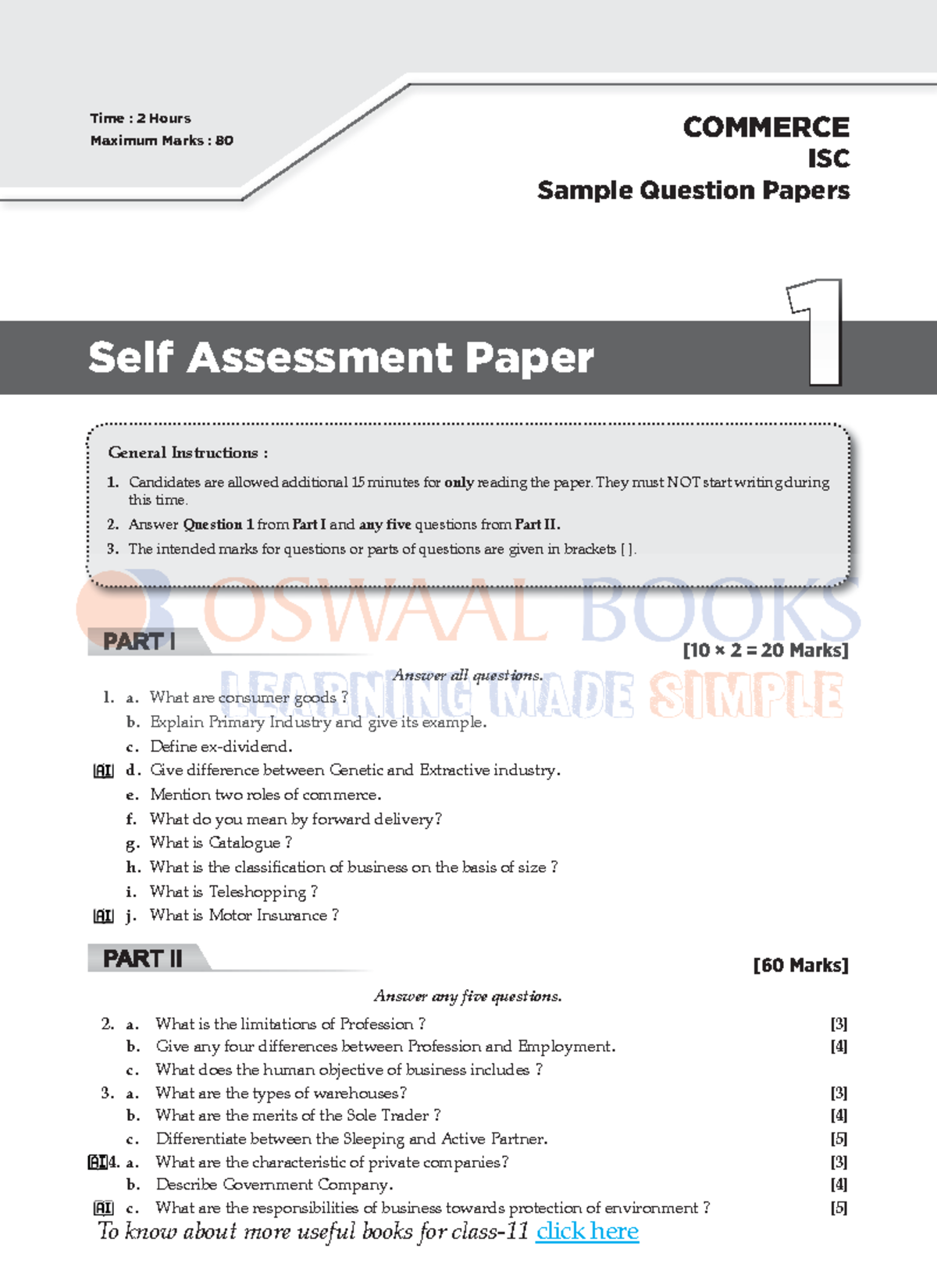 ISC Sample Question Paper Commerce Class 11 - Time : 2 Hours Maximum ...