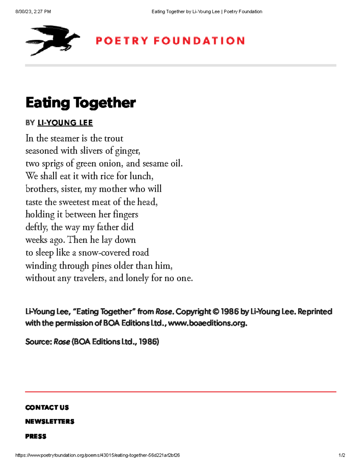 Eating Together by Li Young Lee Poetry Foundation - 8/30/23, 2:27 PM ...