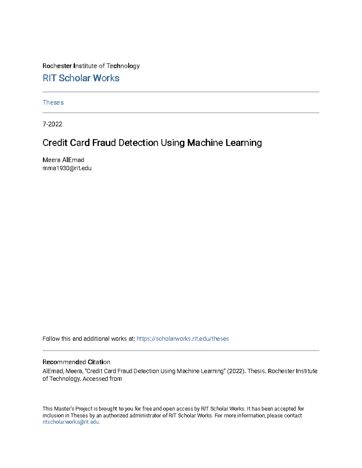 Credit Card Fraud Detection Using Machine Learning - Rochester ...