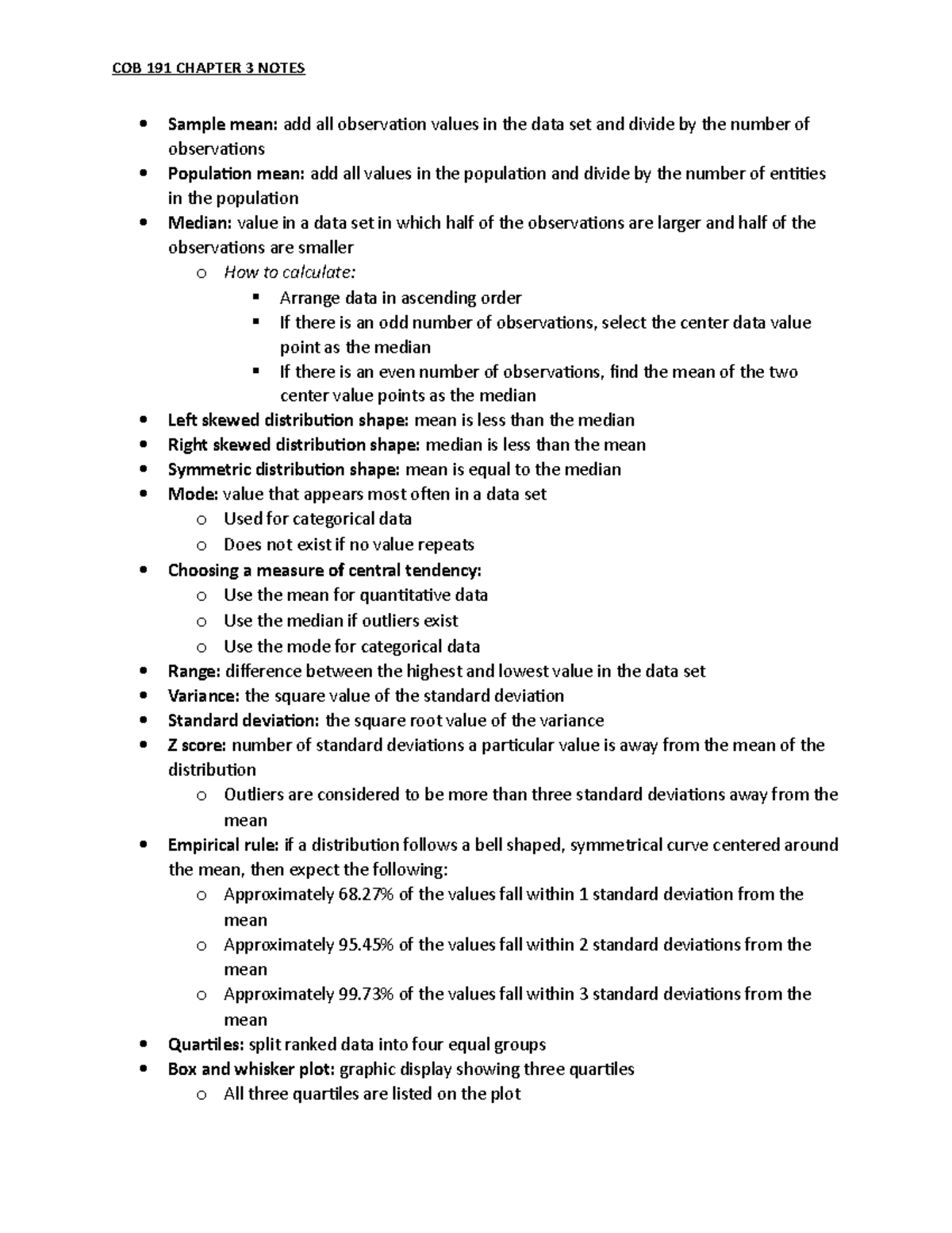 chapter 3 notes - COB 191 CHAPTER 3 NOTES Sample mean: add all ...