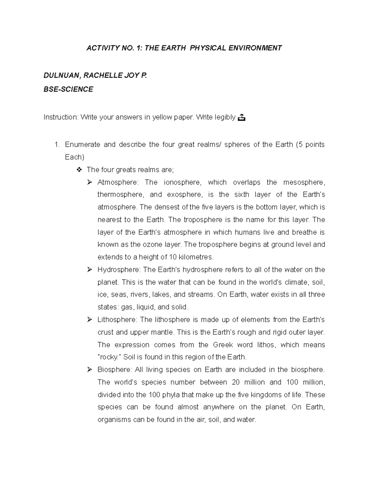 Activity 1 Earth Science - ACTIVITY NO. 1: THE EARTH PHYSICAL ...