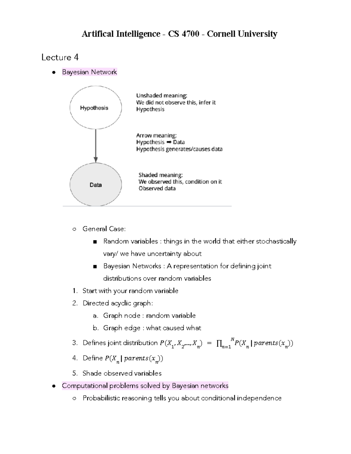 Cornell University - Artifical Intelligence - Lec 4 - Lecture 4 Bayesian Network General Case ...
