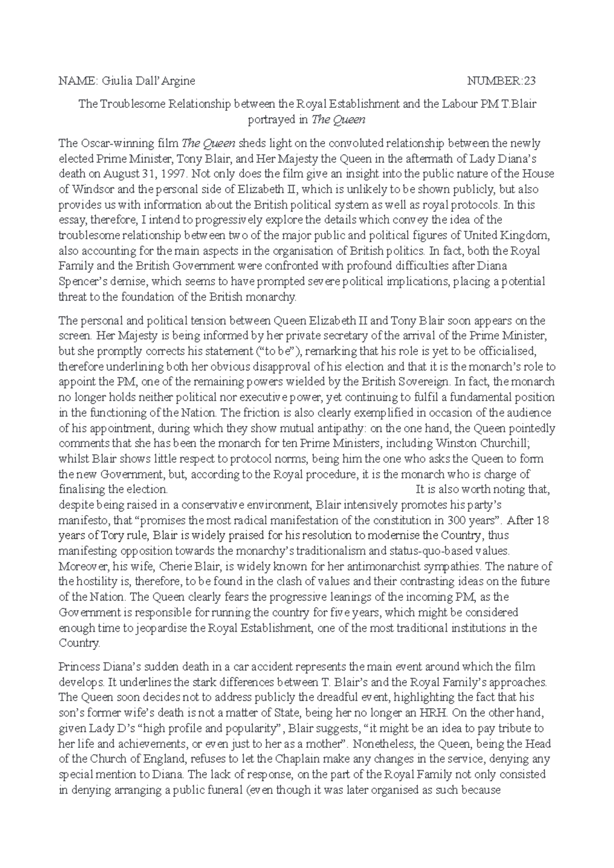 Essay ON THE Queen - NAME: Giulia Dall’Argine NUMBER: The Troublesome ...