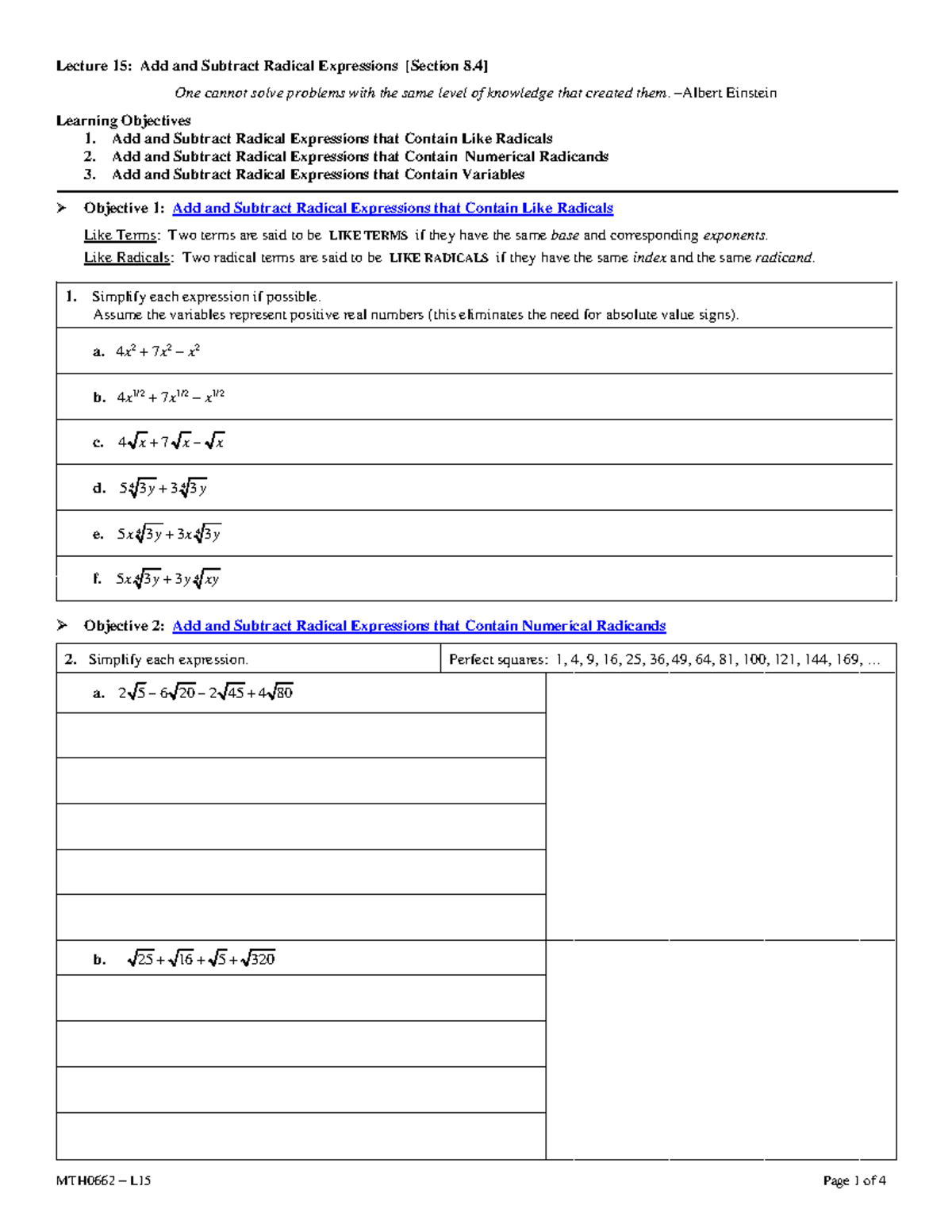 0662 - L15 - Add and Subtract Radicals - Lecture 15: Add and Subtract ...