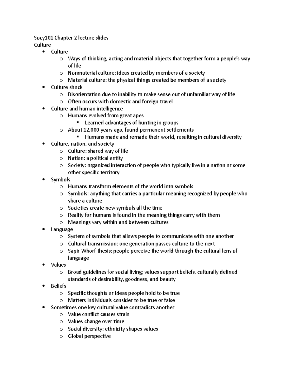 Socy101 Chapter 2 lecture:class slides - Socy101 Chapter 2 lecture slides Culture Culture o Ways ...